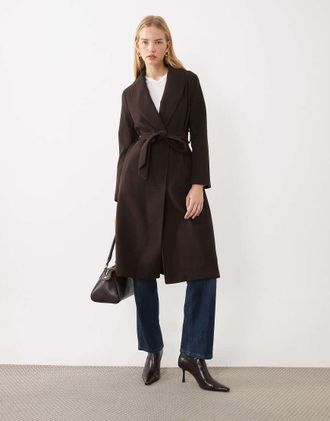New Look manteau long ceintur&eacute; marron fonc&eacute;
