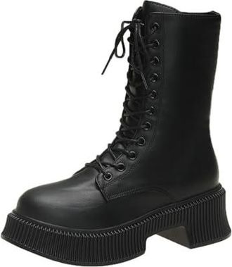 Generic Bottes de motard élégantes à talon épais pour femme - Couleur unie - Classique - Antidérapantes - Confortables - À lacets - Bottes mi-mollet - Pour le