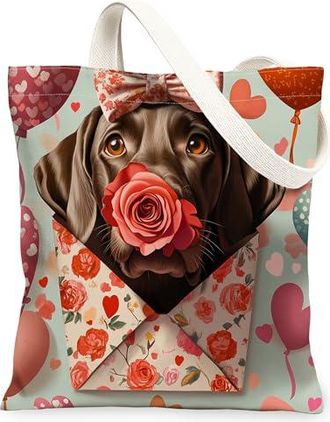 Generic Sac fourre-tout r&eacute;utilisable en toile pour la Saint-Valentin Motif chien pointeur allemand 33 x 38 cm Lettre damour chiot Sac d&eacute;picerie r&eacute;utilisable p