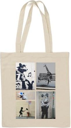 Generic Banksy Street Art Sac fourre-tout en coton naturel Motif graffiti Blanc