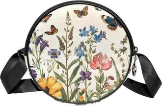 Generic Petit sac &agrave; bandouli&egrave;re circulaire pour femme, motif papillons et fleurs sauvages, sac &agrave; dos avec fermeture &eacute;clair, bretelles r&eacute;glables, sac &agrave; main ro