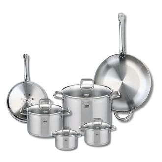 Fackelmann ELO 9507350 Batterie de cuisine 6 pièces, Ensemble de 2 Poêles de cuisson 24 et 32 cm et 4 faitouts 12, 14, 20 et 26 cm Elo Profi Citrin, inox, induct