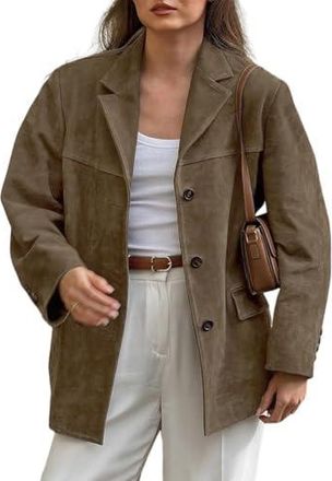 ORANDESIGNE Veste en Cuir PU Femme Rétro Courte Veste en Faux Daim Blazer à Manches Longues avec Poches Automne Manteau de Travail à Boutonnage Unique B Marron M