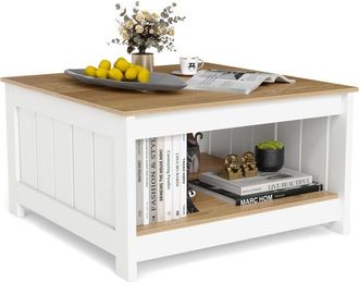 Costway Costway - Table Basse, Table Carr&eacute;e avec &Eacute;tag&egrave;re de Rangement, Table Centrale Rustique de Style Fermier, Mobilier de Salon Peu Encombrant pour la