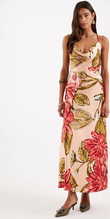 New Look Satin-Midikleid in blassem Korallenrot mit Wasserfallausschnitt und Blumenmuster-Orange