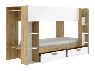 Vente-Unique Etagenbett 2 x 90 x 200 cm mit Stauraum und Kleiderstange - Wei&szlig; & Holzfarben - OZANA