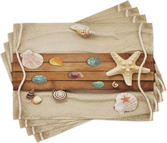 Abakuhaus Strand Platzmatten, Rustikales Brett mit Muscheln auf Strand Bunte Zusammensetzung mit Sommersaison Elementen, Tiscjdeco aus Farbfesten Stoff für das 