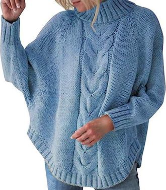Generic Pull Femme Hiver Long Pull Tout Doux Femme à Tricoter à Manches Hautes Et Manches Chauve Souris pour Femmes Gros Hiver Chandail Blue XXL