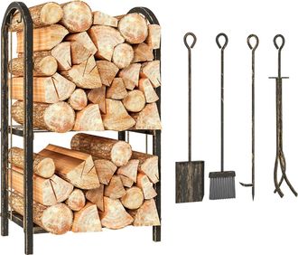 OUTSUNNY Kaminholzregal f&uuml;r innen 43 x 30 x 74cm 2 Ebenen Brennholzregal mit 4 Kaminwerkzeug, Haken, Kaminholzst&auml;nder f&uuml;r Kamin Ofen Kaminholzhalter f&uuml;r Feuerh