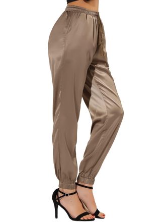 Allegra K Damen Kordelzug Elastische Taille Athleisurehose Knöchellang Satin Jogginghose mit Tasche, hautfarben, X-Klein