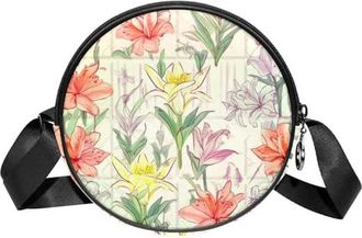 Generic Sac &agrave; bandouli&egrave;re rond pour femme, petit sac &agrave; bandouli&egrave;re Lilies avec fermeture &eacute;clair et bretelles r&eacute;glables Style d&eacute;contract&eacute;