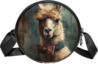 Generic Sac &agrave; bandouli&egrave;re rond pour femme, motif alpaga vintage, petit sac &agrave; bandouli&egrave;re avec fermeture &eacute;clair, bretelles r&eacute;glables, sac &agrave; main rond d&eacute;contrac