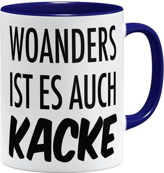 OM3 Abschiedsgeschenk Tasse mit Spruch - Woanders ist es auch Kacke - Keramik Becher - 11oz 325ml - Beidseitig Bedruckt - Dunkelblau