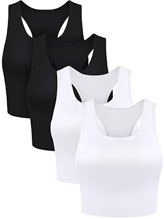 Boao Lot de 4 débardeurs Courts Basiques sans Manches Dos Nageur pour Femme, Noir/Blanc, Taille M