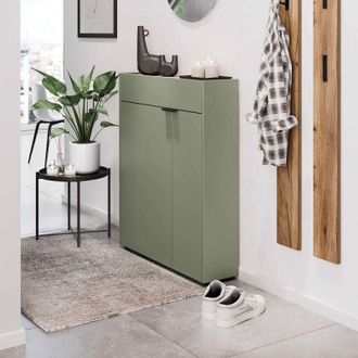 M&S Collection Meuble &agrave; chaussures 1 tiroir 2 portes 83x22x99 cm vert olive - Panneaux de particules m&eacute;lamin&eacute;s - 3 &eacute;tag&egrave;res r&eacute;glables