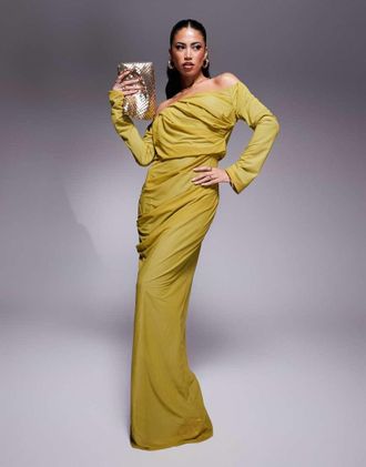 Asos Lang&auml;rmliges Maxikleid aus Stretch-Chiffon in Hellgr&uuml;n mit Carmen-Ausschnitt