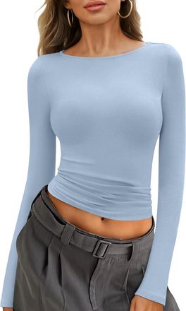 Minetom Sweatshirt Damen Tshirt Langarm U-Boot Ausschnitt Basic T-Shirt Baumwolle Langarmshirt Eng Stretch Pullover Oberteile Y2K Top A Blau XS z