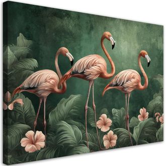 Feeby Wandbild - Wohnzimmer Modern Deko - Flamingos Dschungel Tiere Grün - 45x30 cm 1tlg - Bilder Leinwand - Bild auf Leinwand Schlafzimmer - Leinwandbilder