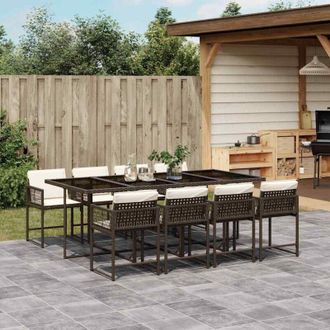 vidaXL 9-tlg. Garten-Essgruppe mit Kissen Braun Poly Rattan - Vidaxl