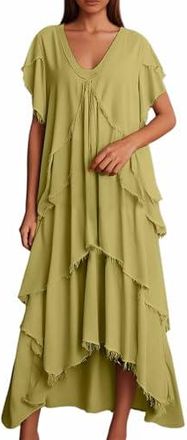 Generic Robe amincissante en lin pour femme - Manches courtes - Col en V - Grande taille - D&eacute;contract&eacute;e - Longue plage, Vert, XXL