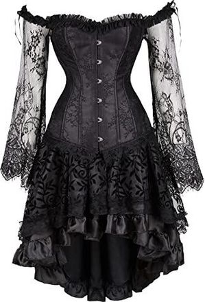Grebrafan Mariage Corset et Jupe en Tulle Lacets à Manches Longues Bustier Corps Schaper (EUR(48-50) 6XL, Noir)