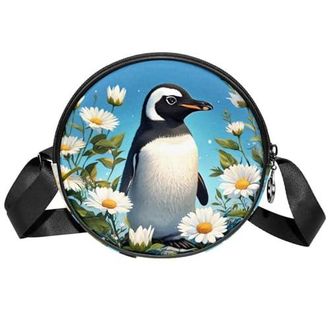 Generic Petit sac &agrave; bandouli&egrave;re rond pour femme, motif pingouin, fleur de pingouin, sac &agrave; dos avec fermeture &eacute;clair, bretelles r&eacute;glables, sac &agrave; main rond d&eacute;co