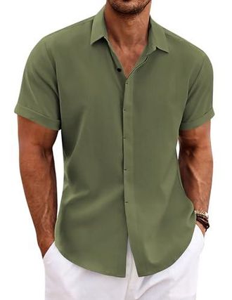 Coofandy Chemise d&eacute;t&eacute; &agrave; manches courtes en lin pour homme, coupe droite &agrave; boutons, haut hawa&iuml;en pour les vacances, vert militaire, XL