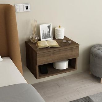 Hanah Home Stylish Walnut Nightstand, 44.6 x 29 x 31.6 cm | 100% Chipboard, Wall-Mountable | Perfect for Modern Bedrooms & Living Spaces, Elegant Design