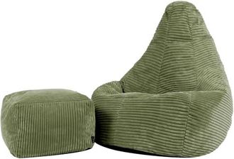 Icon Brand Dalton Sitzsack Kinder mit Hocker, Grün, Flauschiger Cord Stoff, Sitzsack Cord mit Füllung, Bequemer Kinder Gaming Sessel, Kuschelsessel, Lese Sessel,