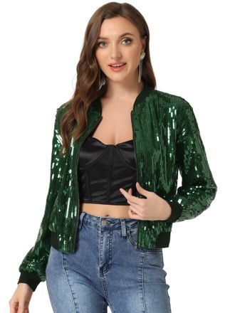 Allegra K Damen Glitzer Jacke Bomberjacke Pailletten Bomber Jacke Langarm Party Club Metallic Sequin Jacken Dunkelgr&uuml;ne S
