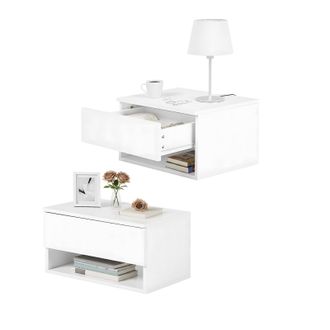 Eggree 2er Set Nachttisch h&auml;ngend, schwebendes Wandregal, Schublade, 40x30x22.5cm, modern, Wohnzimmer Schlafzimmer, Stabiler Holztisch mit Offener Ablage,wei