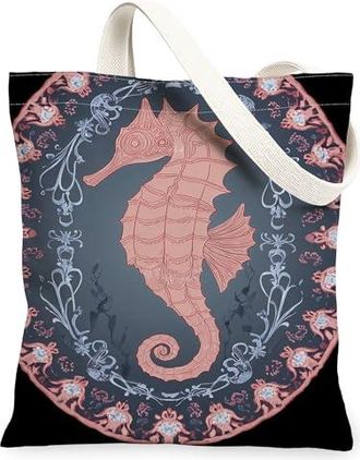 Generic Sac fourre-tout en toile motif hippocampes artistique, r&eacute;utilisable, sac de courses nautique, l&eacute;ger, lavable, bandouli&egrave;re Stra, noir, 13x15 Inch