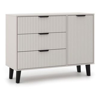 Topeshop SONIA - Buffet 3 tiroirs + 1 porte style scandinave rainurés - 110x39x81.5cm - Meuble de rangement - Beige cachemire