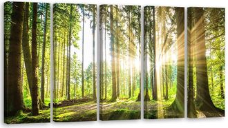 Feeby Leinwandbild 200x80 cm Natur Wald B&auml;ume 5 TLG Bild Kunstdruck Wand Bild Deko Wohnzimmer Wohnungs Pflanzen Waldstreu Sonnenlicht Gr&uuml;n