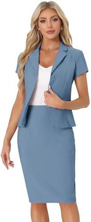 Allegra K Ensemble jupe daffaires pour femme - Ensemble de travail et de bureau - Blazer &agrave; manches courtes - Jupe crayon, gris/bleu, XL