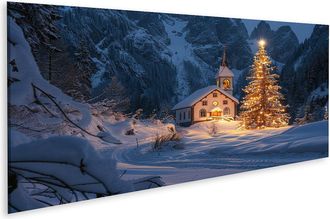 Islandburner Bild auf Leinwand Kleine Holzhütte mit beleuchtetem Weihnachtsbaum in schneebedeckter Waldlichtung vor Bergkulisse Bilder Wandbilder Poster