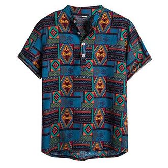 Generic Chemise en coton et lin pour homme - Chemisier dentra&icirc;nement ethnique imprim&eacute; ethnique - Manches courtes - Chemisier d&eacute;contract&eacute; pour homme - Tunique 
