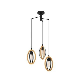 Eglo Suspension Basildon à 3 Ampoules Vintage Industriel Rétro Suspension en Acier et Bois Noir Naturel Lampe de Table de Salon Suspendu avec Douille E27 Ø