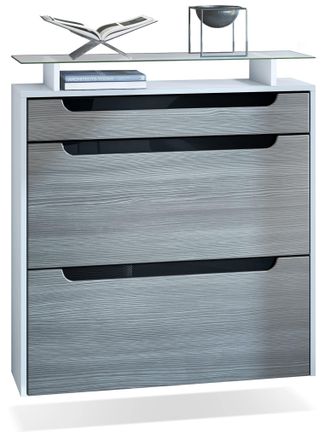 Vladon Schuhschrank Annie, Schuhkipper für 16 Paar Schuhe mit 2 Klappen, 1 Schublade und Glasablage, Weiß matt/Avola Anthrazit, Griffmulden in Schwarz Hochgl