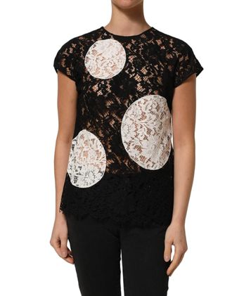 Dolce & Gabbana Womens Black White Floral Lace Short Sleeve Blouse Top Cotton Viscose Nylon