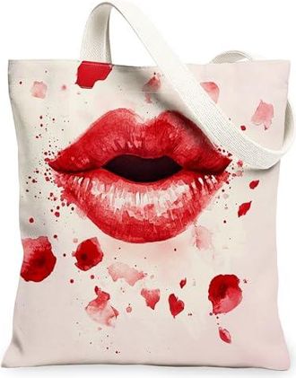 Generic Sacs fourre-tout en toile avec impression de baiser, motif coeur damour, sacs d&eacute;picerie &eacute;l&eacute;gants, r&eacute;utilisables, l&eacute;gers et lavables avec bandouli&egrave;re p