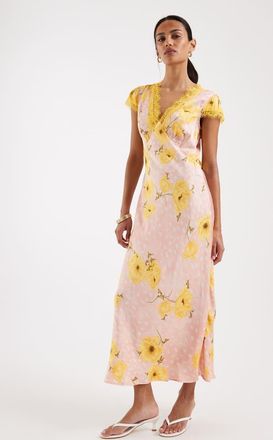 Never Fully Dressed Olivia - Robe longue &agrave; col V et imprim&eacute; pois et coquelicots jaunes