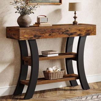 Tribesigns Tribesigns Petite Table Console de 105 cm pour entr&eacute;e, Table de canap&eacute; Rustique &agrave; 3 Niveaux avec &eacute;tag&egrave;res de Rangement et Cadre incurv&eacute; pour Salon