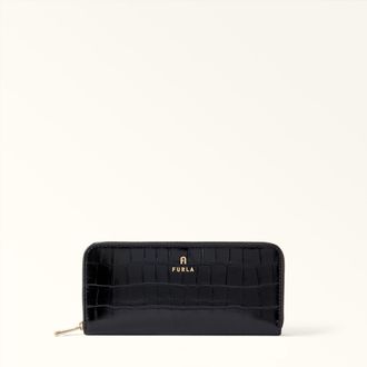 Furla Camelia Zip-around-portemonnaie L Nero Schwarz Kalbsleder Mit Cocco-print Damen