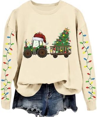 Generic Sweat-shirt de No&euml;l pour femme avec imprim&eacute; sapin de No&euml;l et col rond - Cardigan tendance &agrave; manches longues, beige, XXL