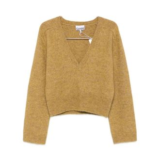 Ganni Melange Mohair Strickpullover mit tiefem V-Ausschnitt - - Knitwear - Damen - Gelb - S