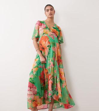 Hope & Ivy Maternity Hope & Ivy - Robe portefeuille longue &agrave; imprim&eacute; floral avec manches &eacute;vas&eacute;es et taille nou&eacute;e - Vert-Violet