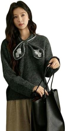 Generic QXDZSW Pull en tricot jaune pour femme Automne Hiver Col Noeud &Eacute;pissure Dentelle Tops Loose Chaud Pull Pulls, gris, Taille unique