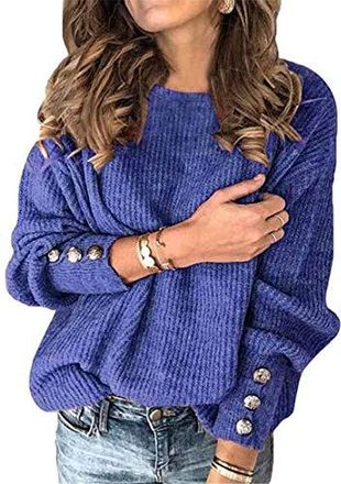 ORANDESIGNE Pulls Femme Tricot Top Oversize Pullover Col en V Col Rond Chandail Pull à Manches Longues Sweatshirt Automne Hiver A Bleu XXL