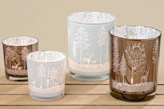 Boltze Windlicht Teelicht Glas lackiert braun wei&szlig; Hirsch REH Tannenbaume H 8 cm 2er Set